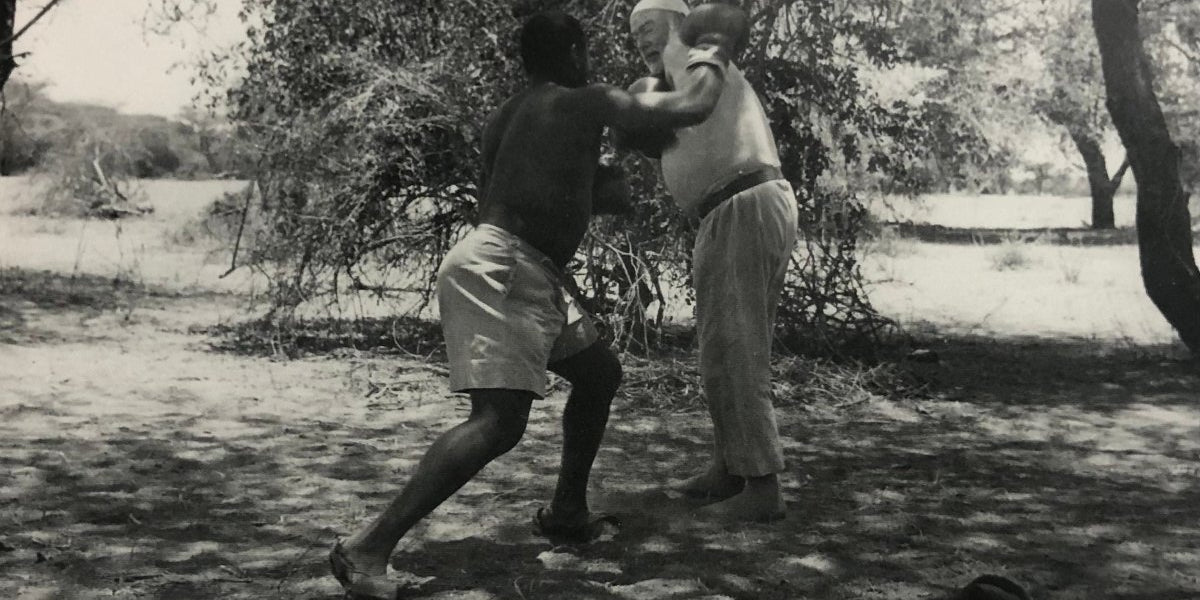 Ernest Hemingway (Boxing in Camp) print in colors - FineArt Vendor